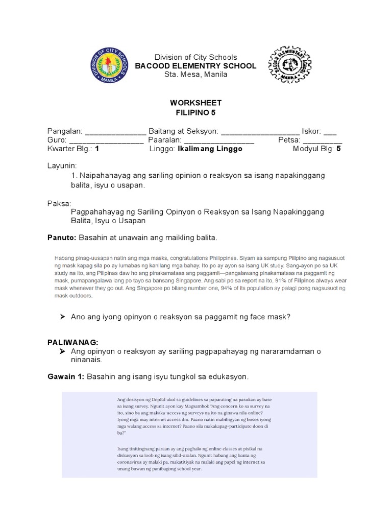 Filipino 5 Worksheet 5 | PDF
