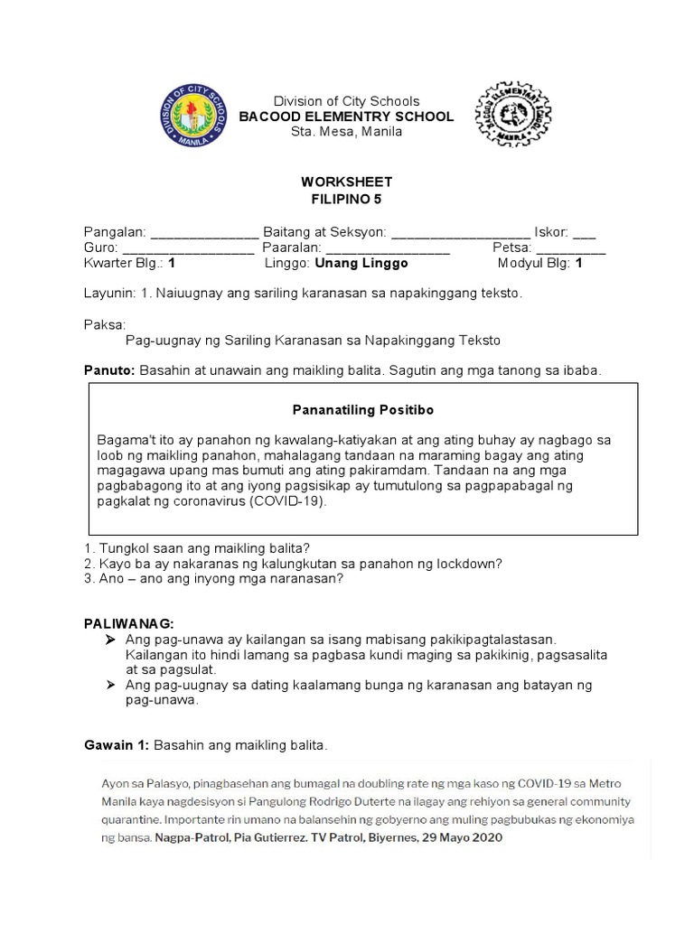 Filipino 5 Worksheet 1 | PDF
