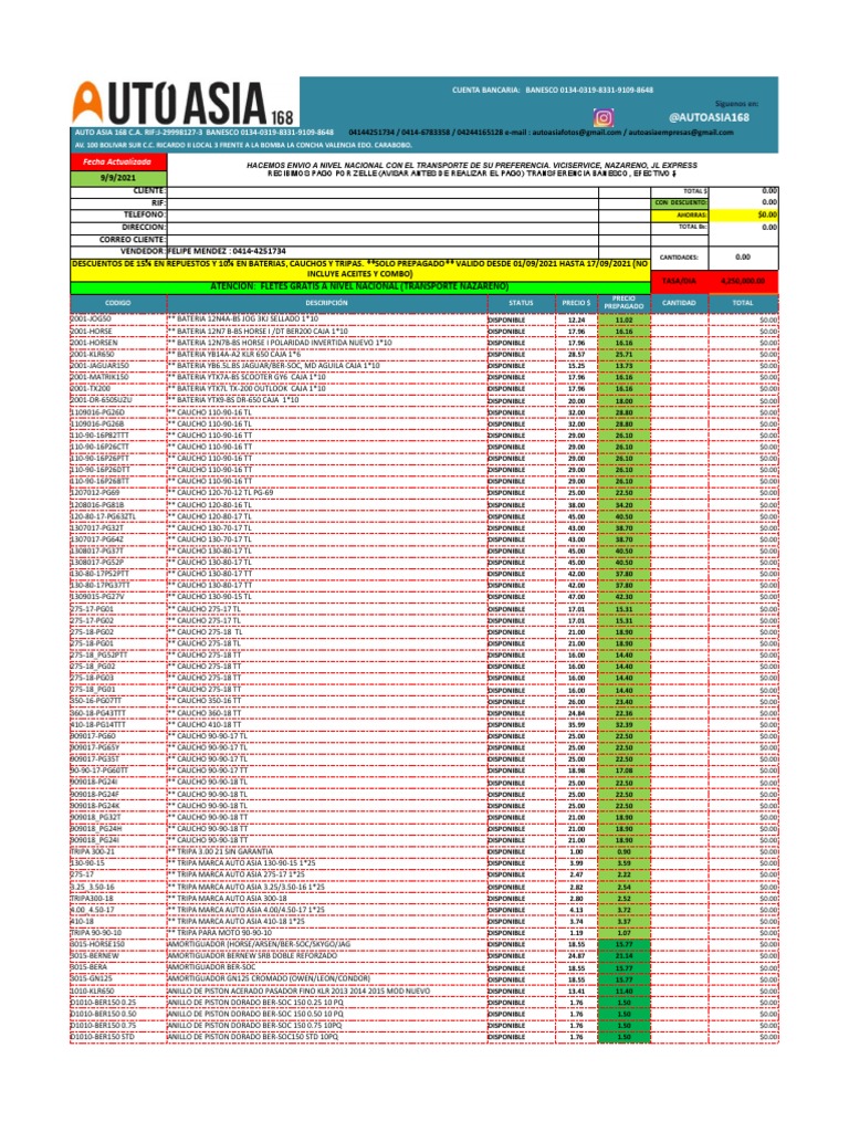 Aa168 Lista de Precio Autoasia 168 09-09-2021 Mayor | PDF
