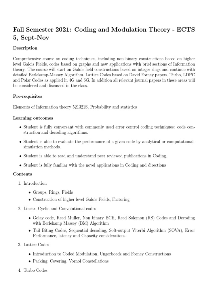 Fall Semester 2021: Coding and Modulation Theory - ECTS 5, Sept-Nov ...
