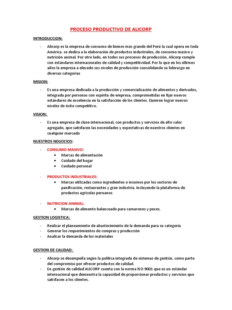 Proceso Productivo de Alicorp | Descargar gratis PDF | Calidad (comercial) | Business