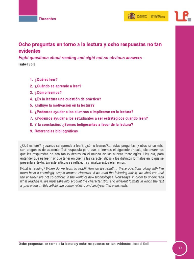 8 Preguntas en Torno A La Lectura | PDF | Aprendizaje | Conocimiento 8 Preguntas en Torno A La Lectura | PDF | Aprendizaje | Conocimiento