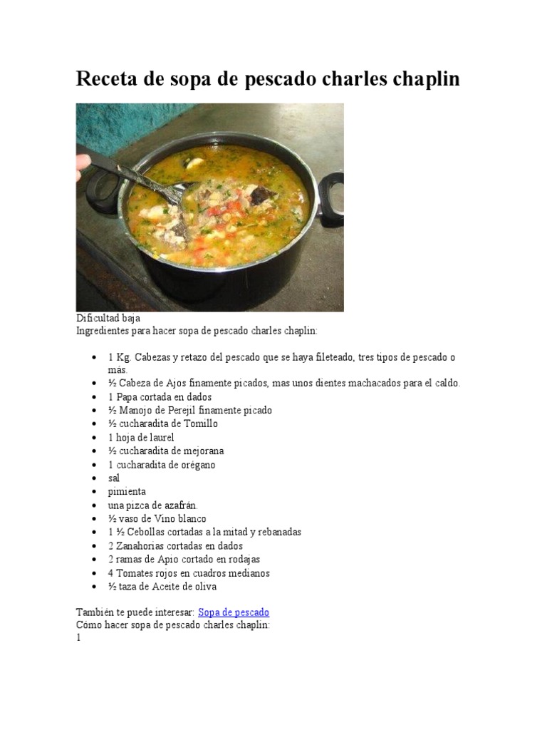 Receta de Sopa de Pescado Charles Chaplin | PDF | Cocina, comidas y vino