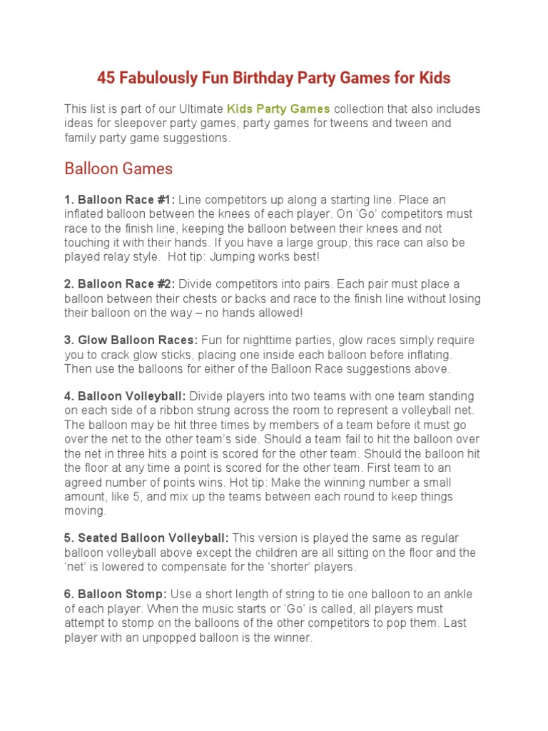45 Fabulously Fun Birthday Party Games For Kids | PDF