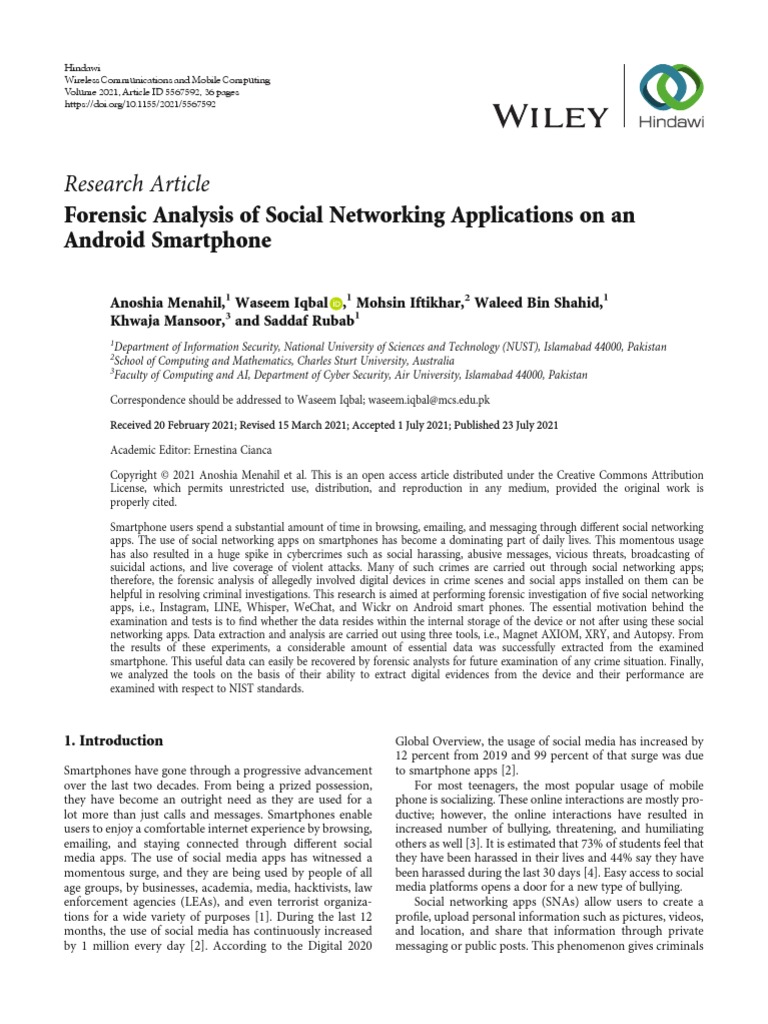 Research Article Forensic Analysis Of Social Networking Applications On An Android Smartphone