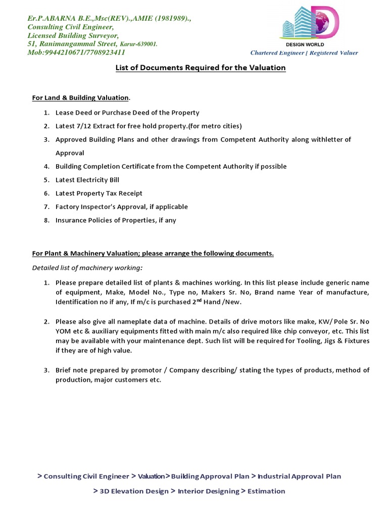 List of Documents Required For The Valuation | PDF | Real Estate ...