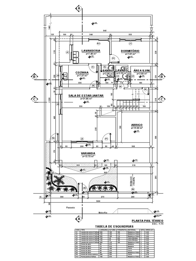 Planta baixa de uma casa com medidas de áreas e cotas | PDF