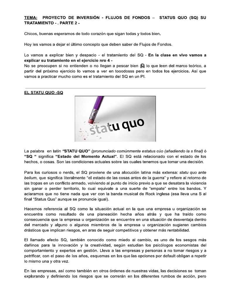 3 Proyecto de Inversión - Flujos de Fondos - Status Quo (SQ) Su Tratamiento - Parte 2 | PDF