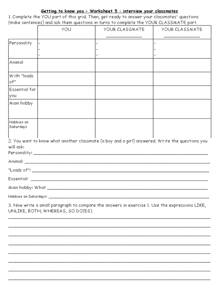 Getting To Know You - Worksheet 5: Interview Your Classmates | PDF ...