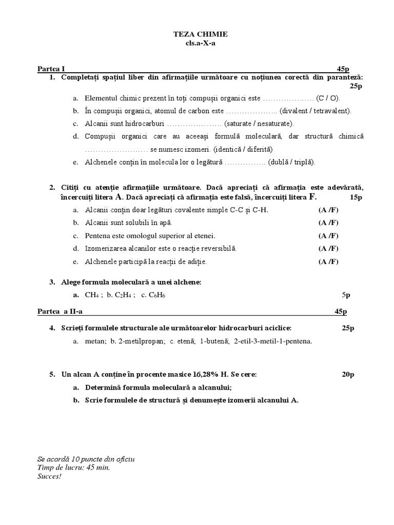 TeST Chimie Cls 10 | PDF