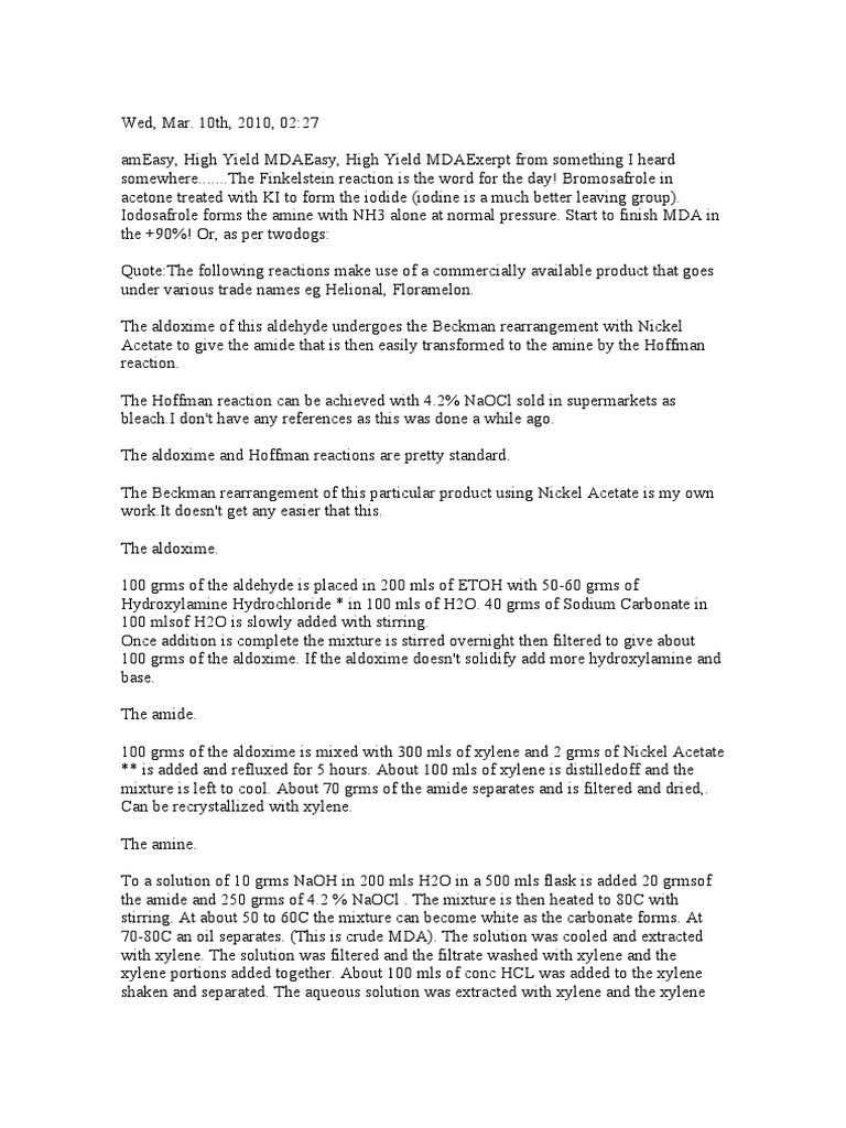 Easy MDA from Aldoxime Beckman Rearrangement | PDF | Chemistry ...