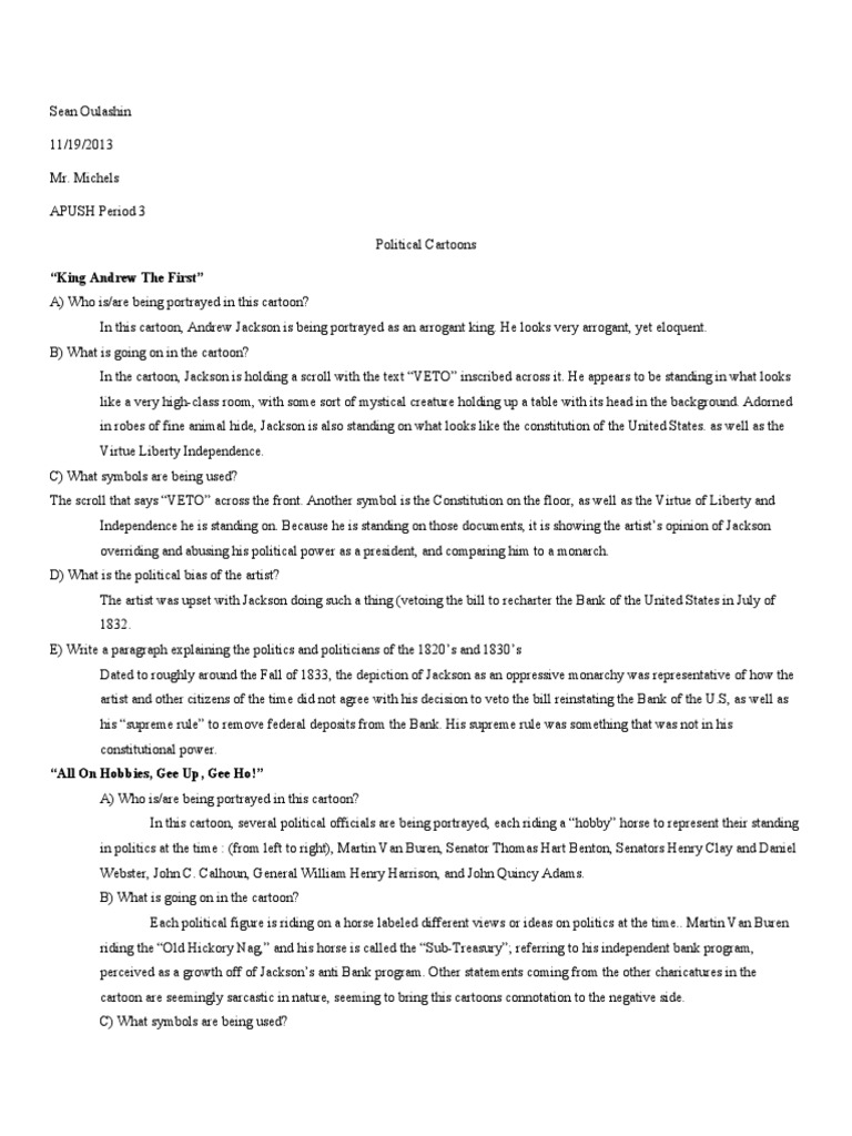 APUSH Political Cartoon Analysis | PDF | Andrew Jackson | Veto