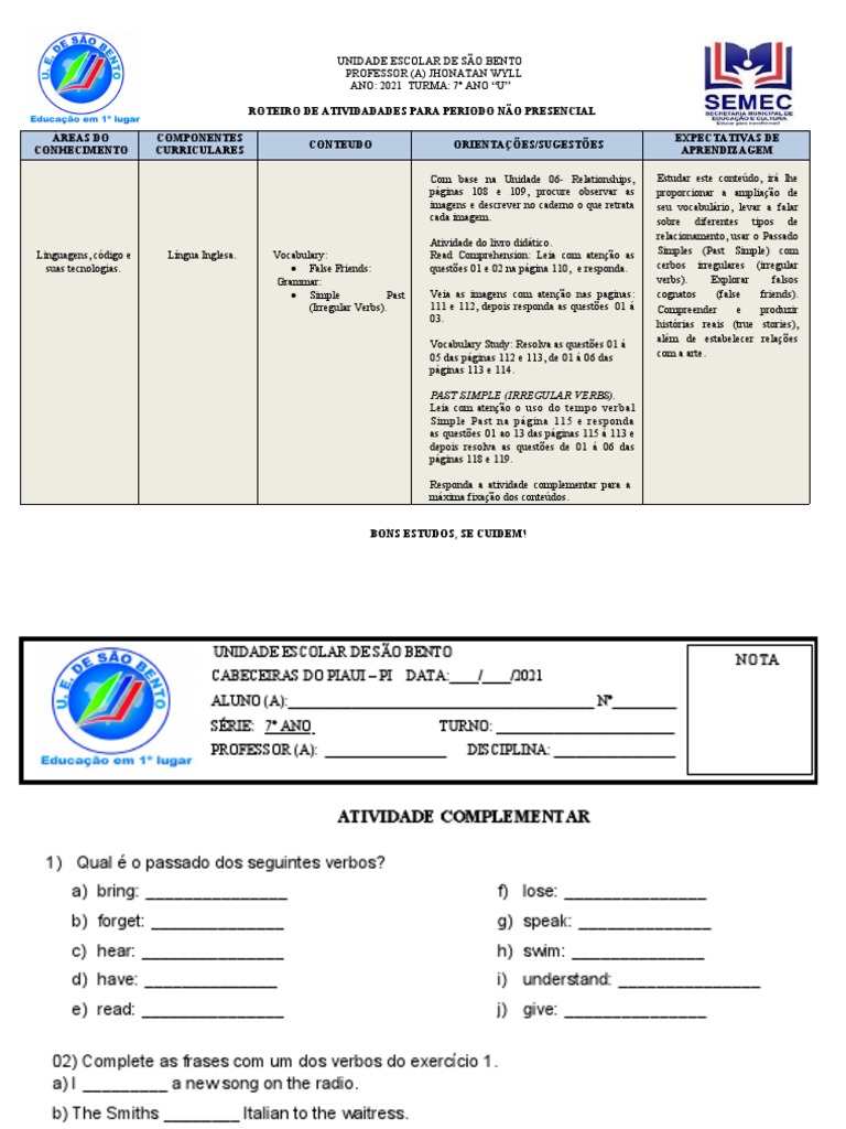 Ficha de Roteiro e Atividade Complementar 7º Ano | PDF | Linguística