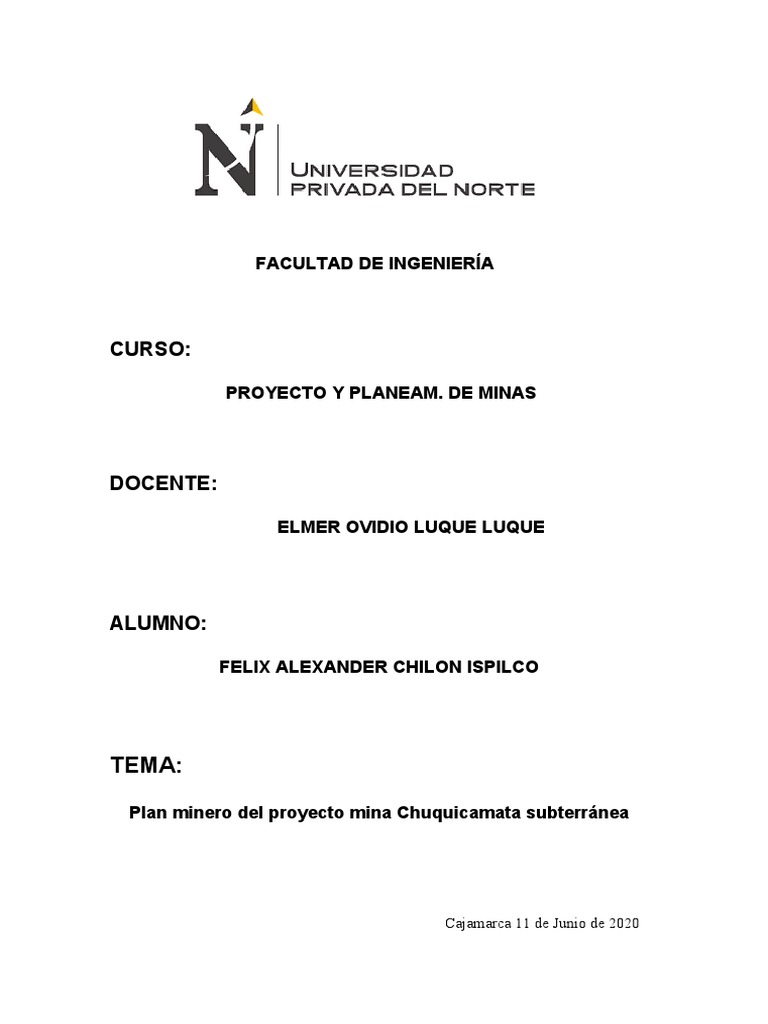 Plan Minero para El Proyecto Chuquicamata Chile | PDF | Minería ...