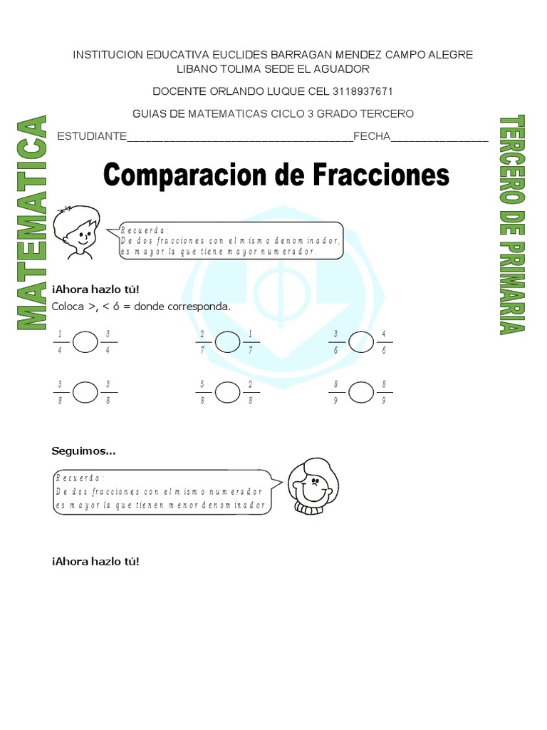 Comparación de Fracciones 3er Grado | PDF