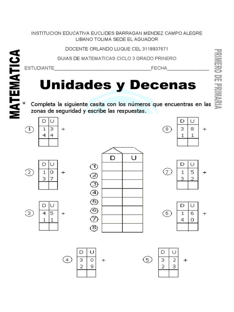 Ficha de Unidades y Decenas para Primero de Primaria 1 | PDF