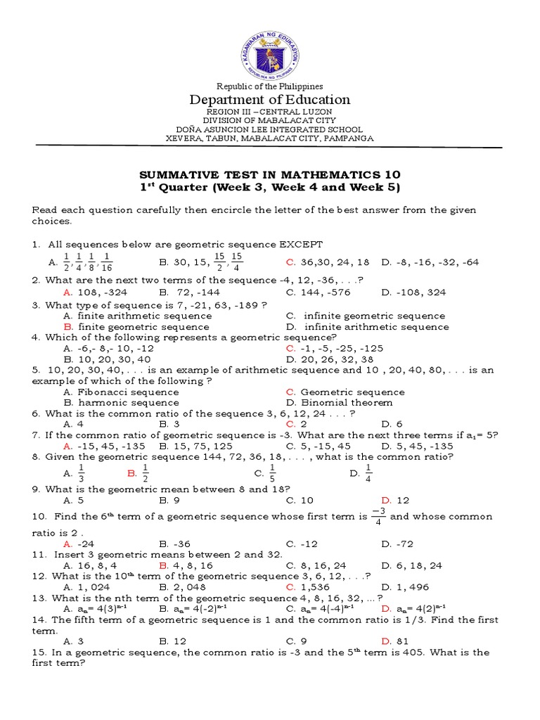 Summative Test (Week 3, Week 4 and Week 5) | PDF | Sequence ...