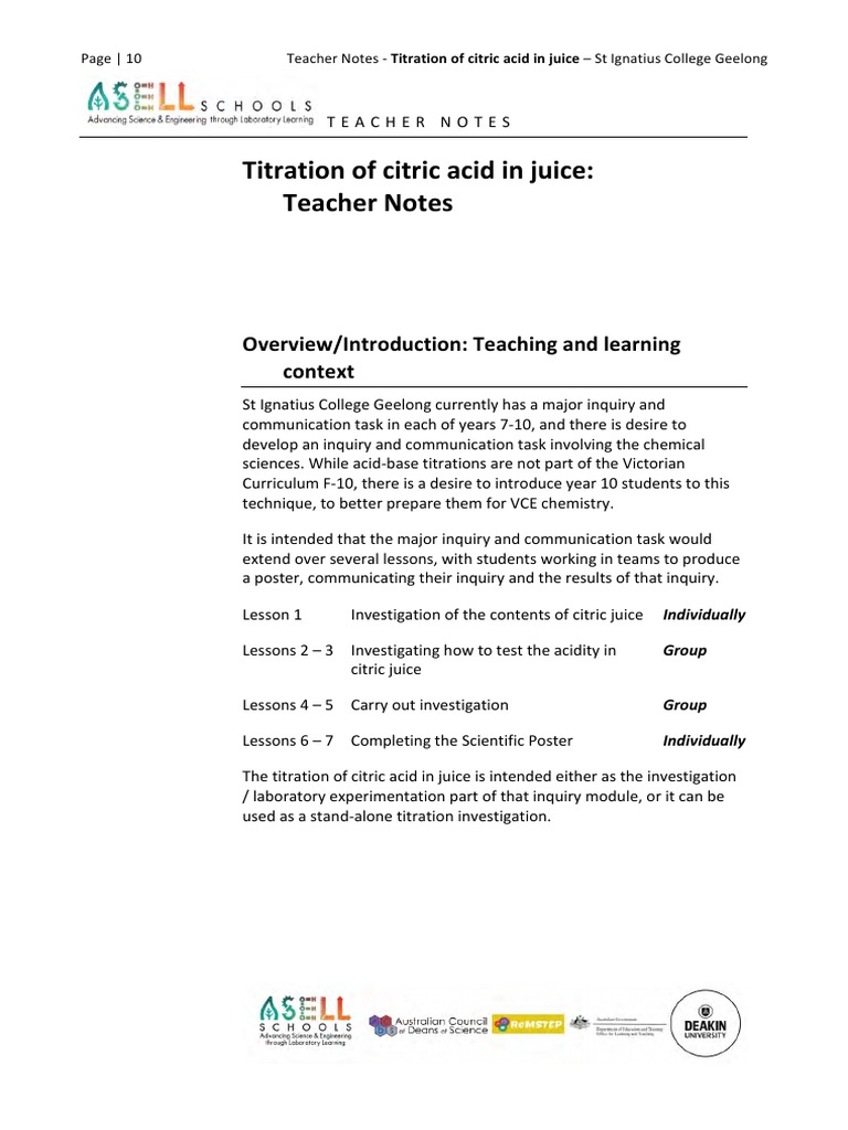 Citric Acid Titration Teacher Notes 20170208 KFL | PDF | Chemistry ...