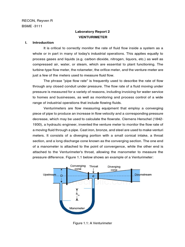 Laboratory Report 2 Venturimeter I | PDF | Flow Measurement | Fluid Dynamics