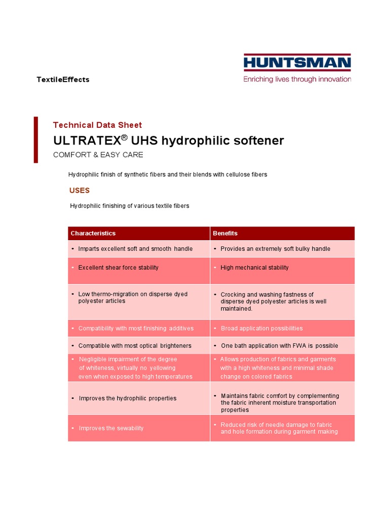 Ultratex UHS Hydrophilic Softener: Technical Data Sheet | PDF ...
