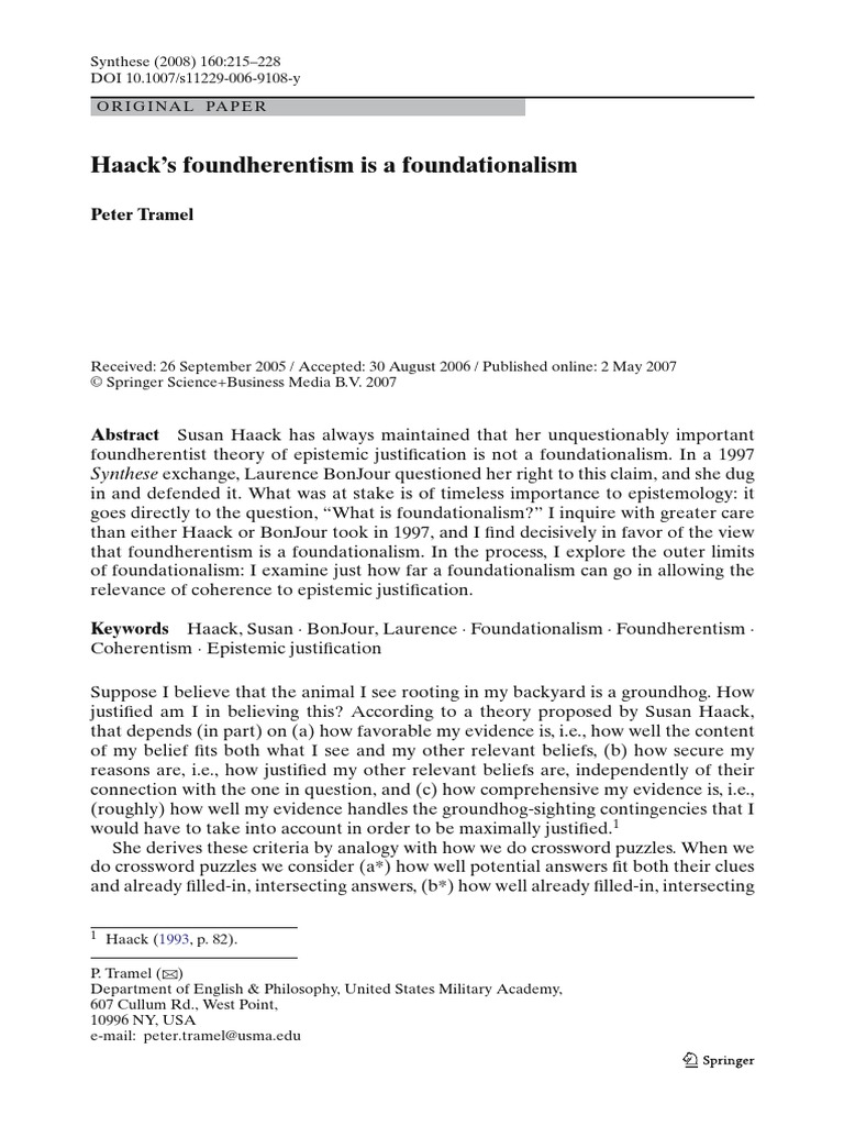Haack's Foundherentism Is A Foundationalism Peter Tramel | PDF ...