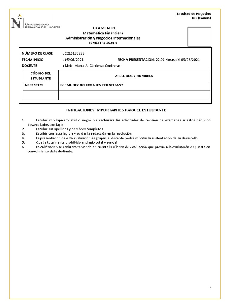 T1 Matemática Financiera 3252 (WA) 2021 | PDF | Prueba (evaluación) | Finanzas Matemáticas