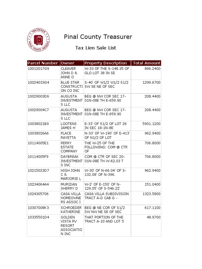 Pinal County Treasurer: Tax Lien Sale List | PDF | Land Lot | Geography