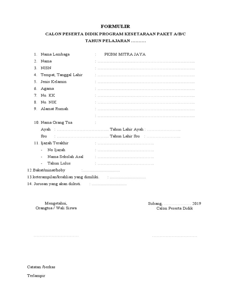 FORMULIR Calon Peserta Didik PKBM | PDF