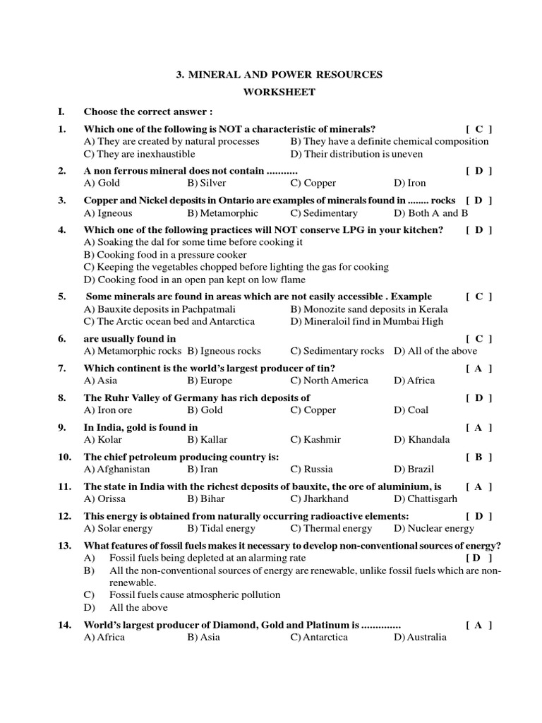 Mineral and Power Resources Worksheet | PDF | Mining | Rock (Geology)