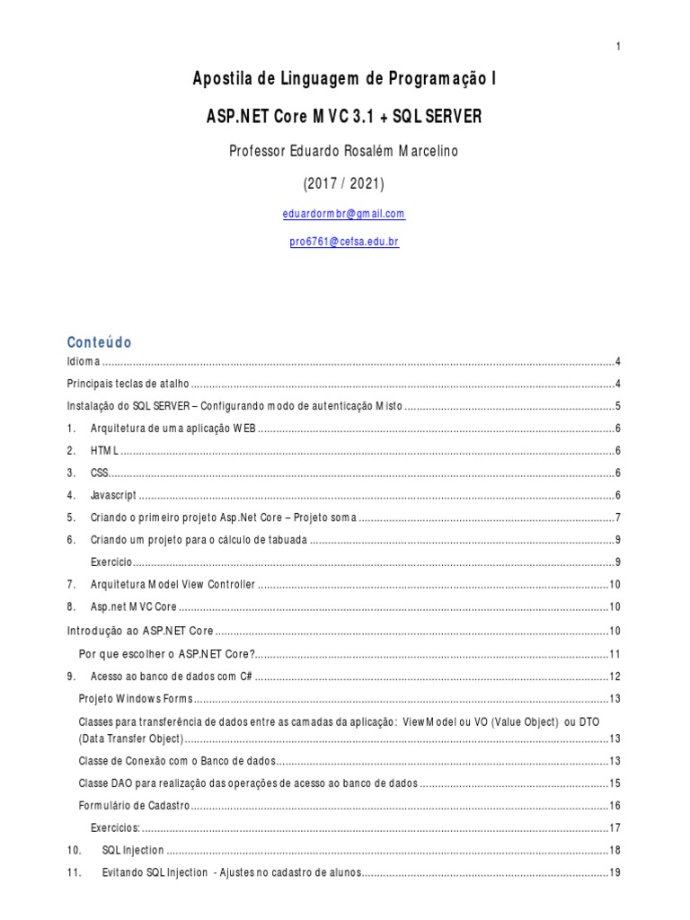 Apostila Asp Core Mvc Com Sql Server Pdf Active Server Pages Asp Model View