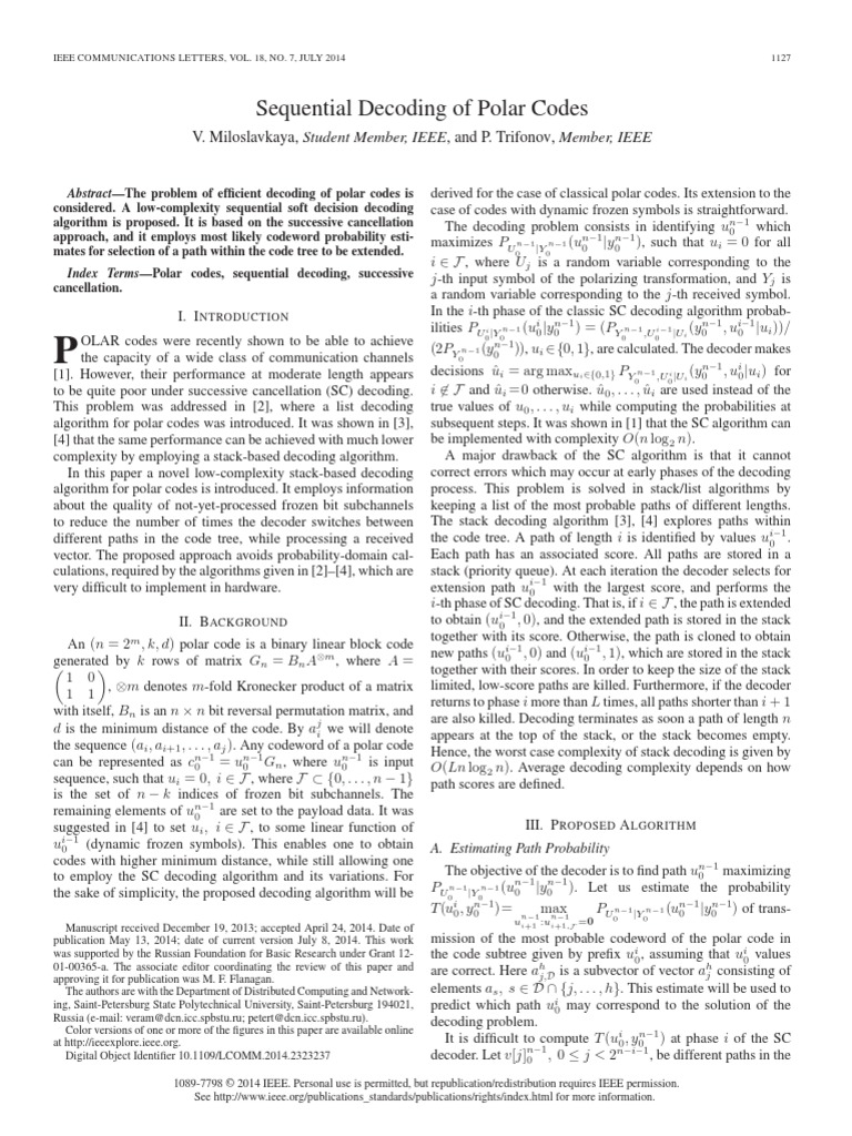 Sequential Decoding of Polar Codes | PDF | Low Density Parity Check Code | Code
