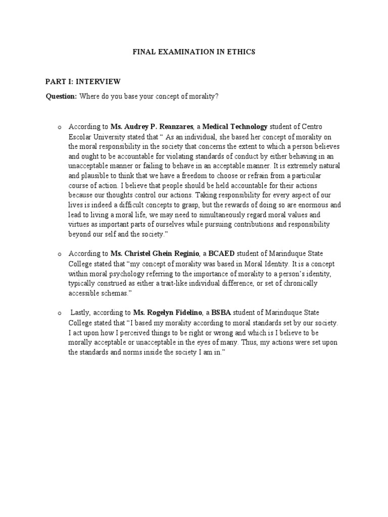 Final Examination in Ethics | PDF | Morality | Reason