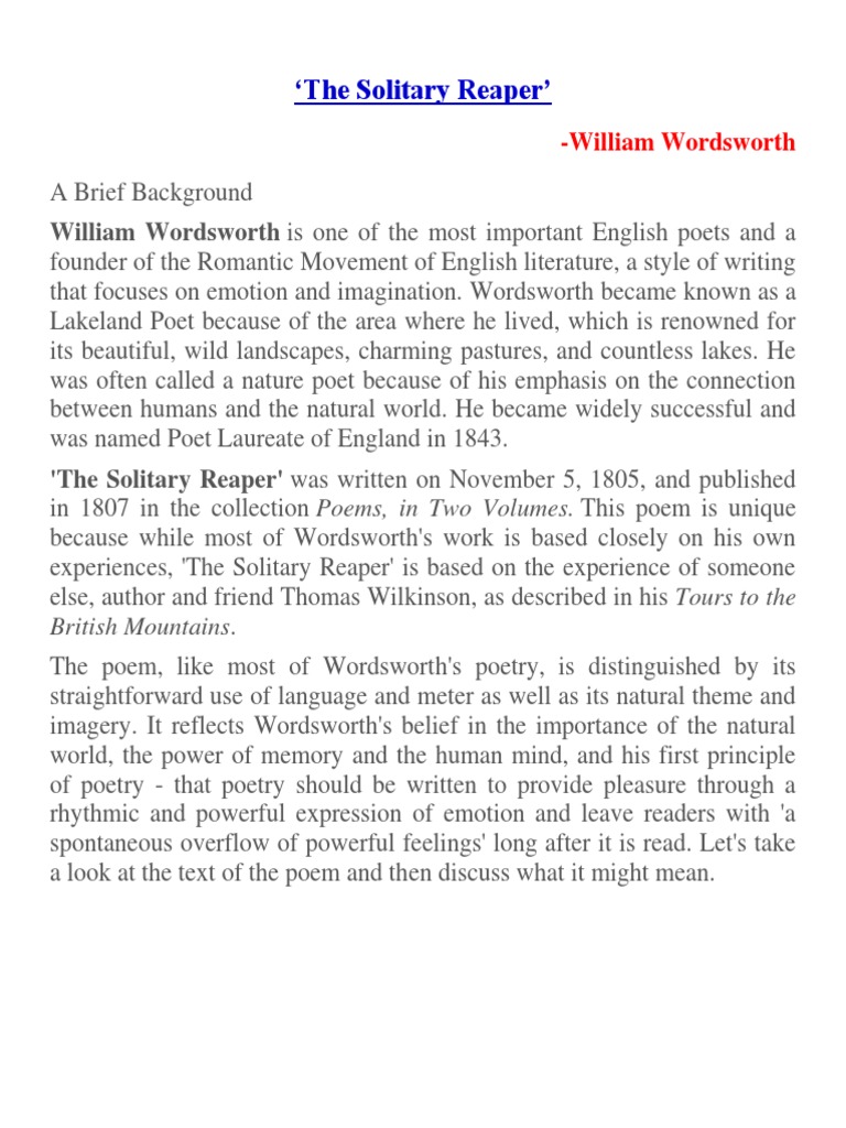 The Solitary Reaper | PDF | William Wordsworth | Poetry