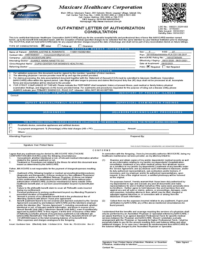 Maxicare Healthcare Corporation: Out-Patient Letter of Authorization ...