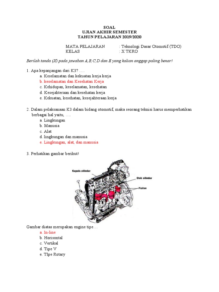 Soal PTS Tdo (Teknologi Dasar Otomotif) X Tkro | PDF