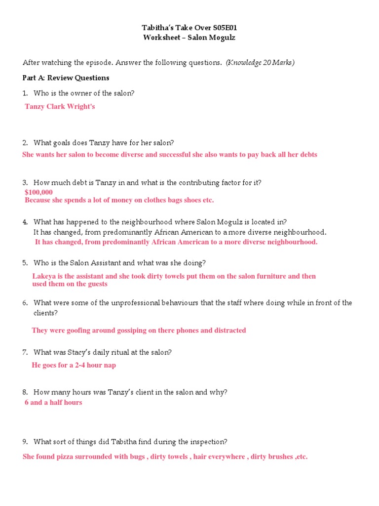 Tabitha's Take Over S05E01 Worksheet - Salon Mogulz | PDF