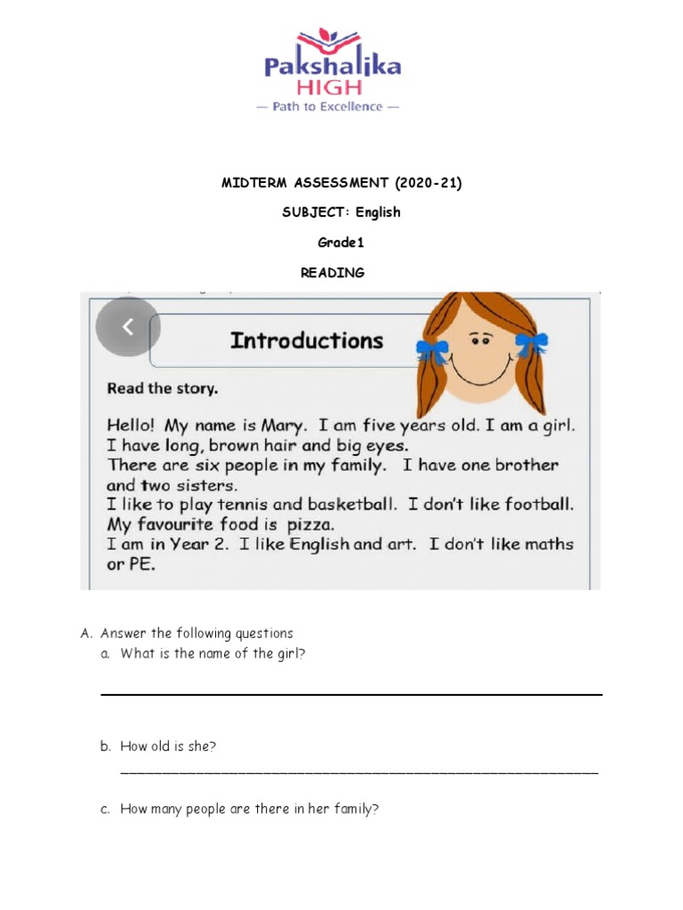 Midterm Assessment (2020-21) SUBJECT: English Grade1 Reading | PDF