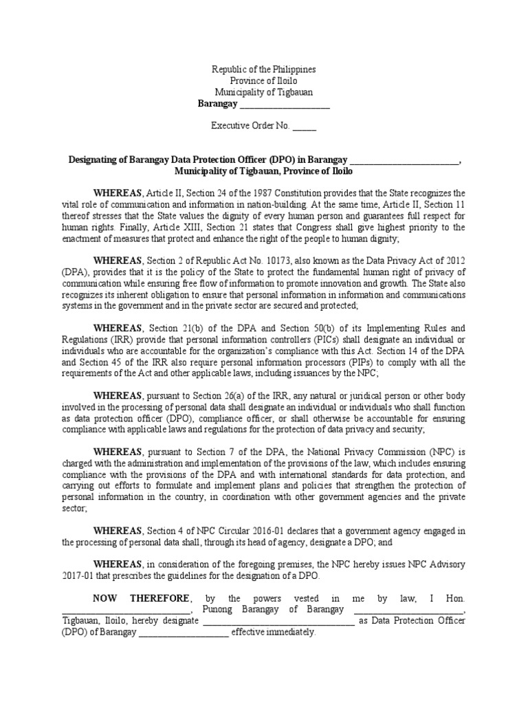 EO On The Designation of DPO Barangay Template | PDF | Information ...