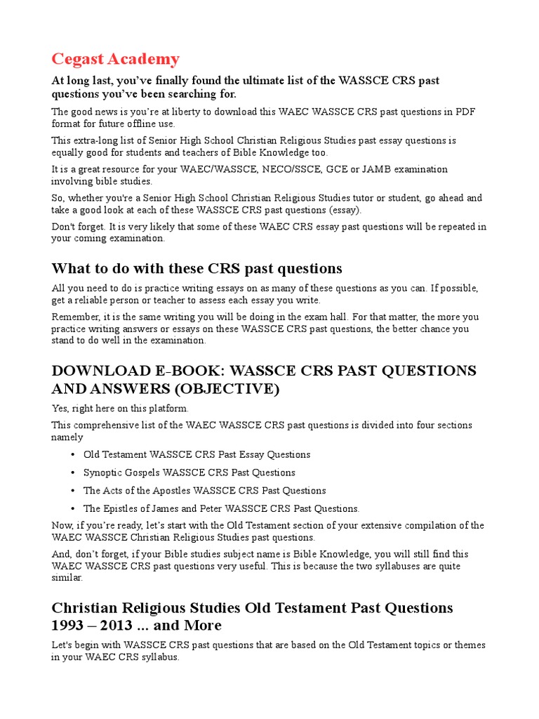 Over 100 WAEC WASSCE CRS Past Questions | PDF | Jesus | Ministry Of Jesus