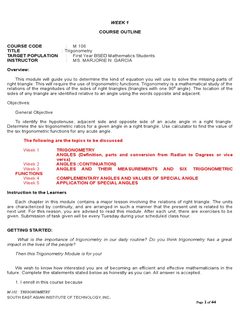 Course Outline: Week 1 | PDF | Trigonometric Functions | Trigonometry