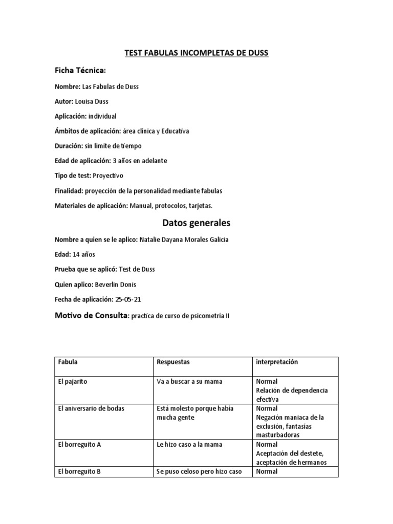 Test Fabulas Incompletas de Duss | PDF | Temor | Conceptos psicologicos