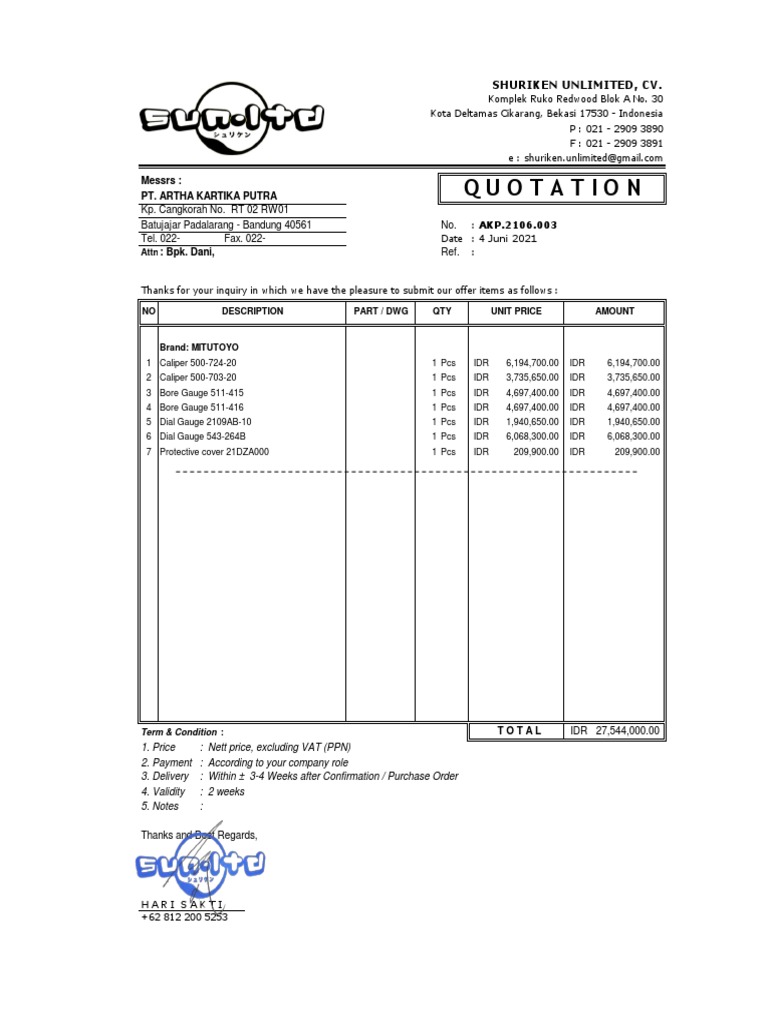 Quotation: Pt. Artha Kartika Putra Messrs | PDF