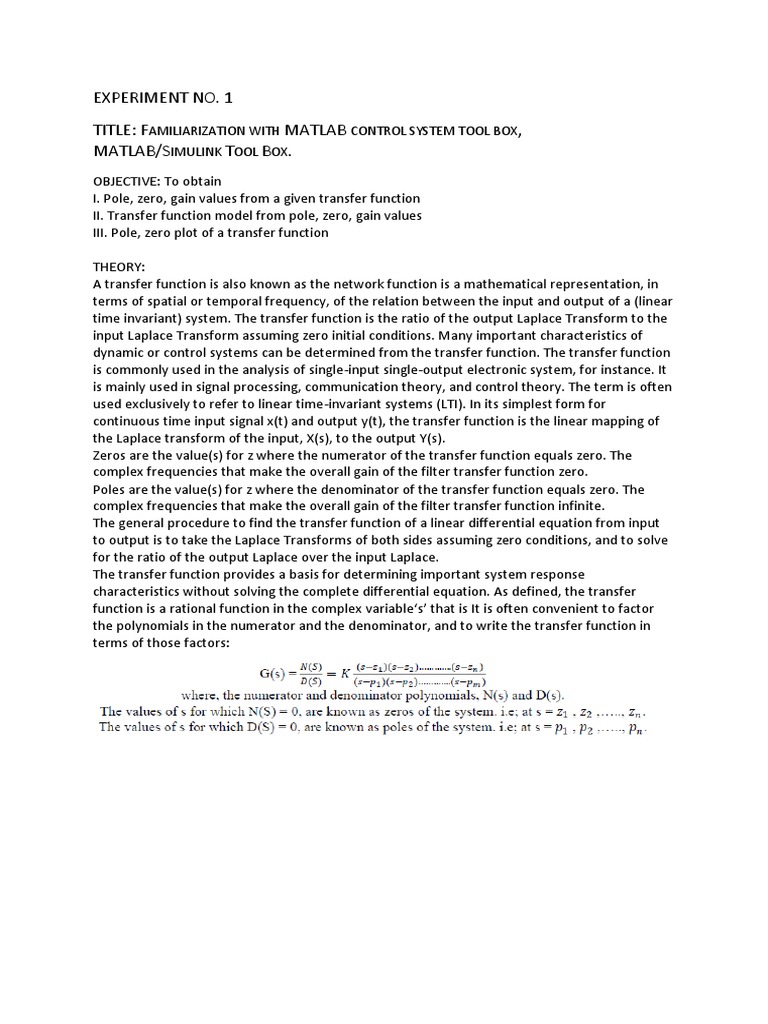 Experiment No 1 Title F Matlab Matlab S T B Amiliarization With Control System Tool Box