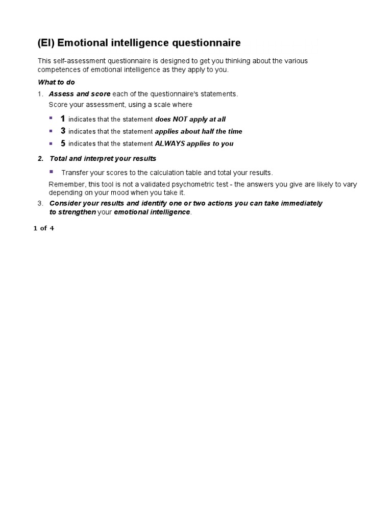 Emotional Intelligence Self-Assessment | PDF | Emotional Intelligence ...