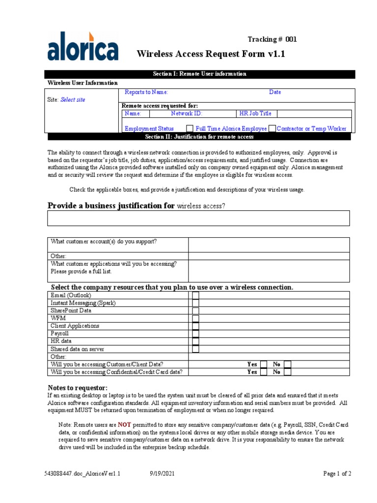 Wireless Access Request Form v1.1: Provide A Business Justification For ...