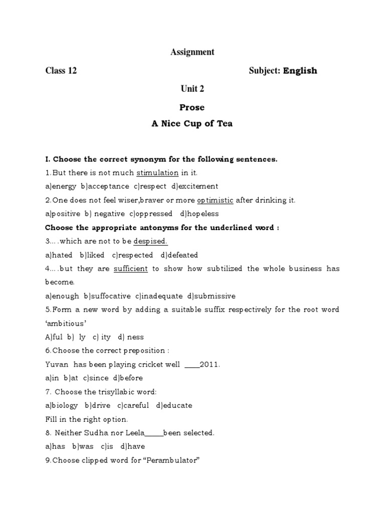 Assignment Class 12 Subject: English Unit 2 Prose A Nice Cup of Tea | PDF