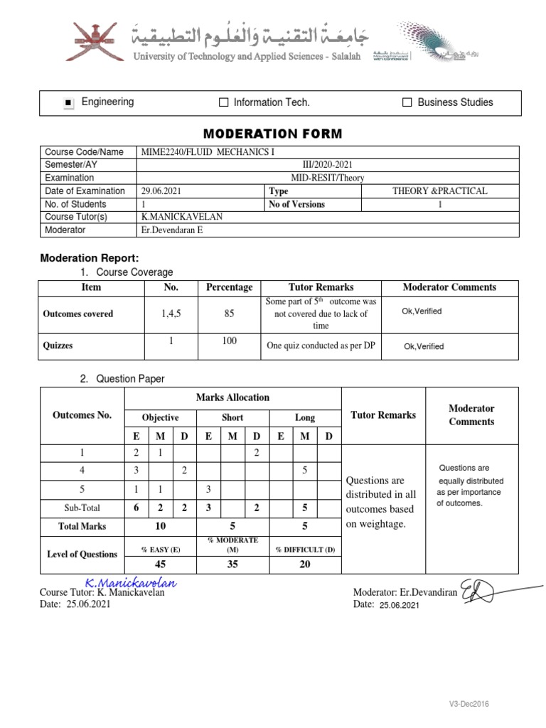 Moderation Form: Engineering Information Tech. Business Studies | PDF ...