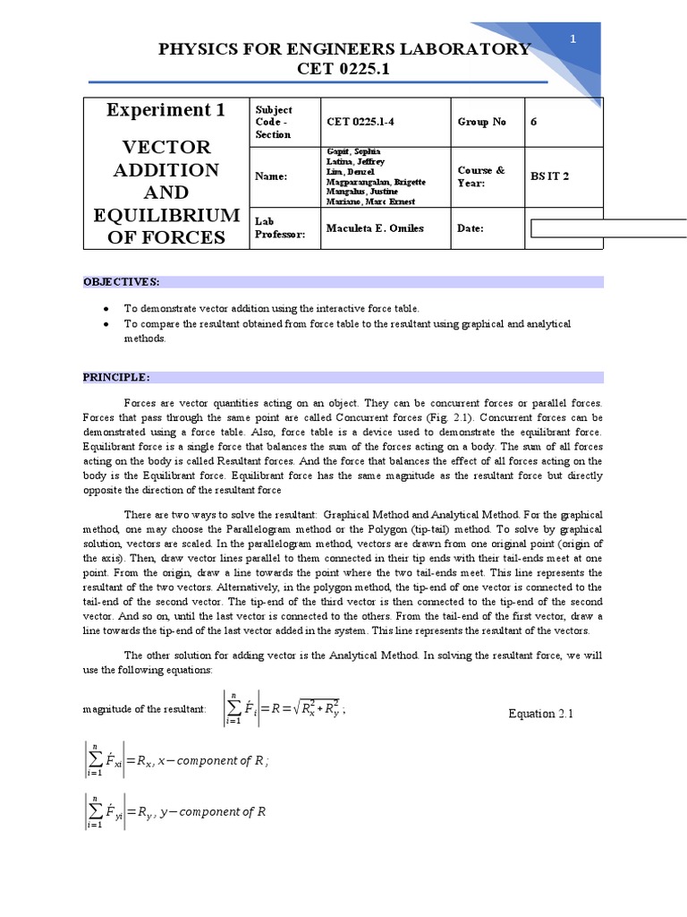 Experiment 1 Addition of Vectors - LABORATORY REPORT SHEET | Download ...