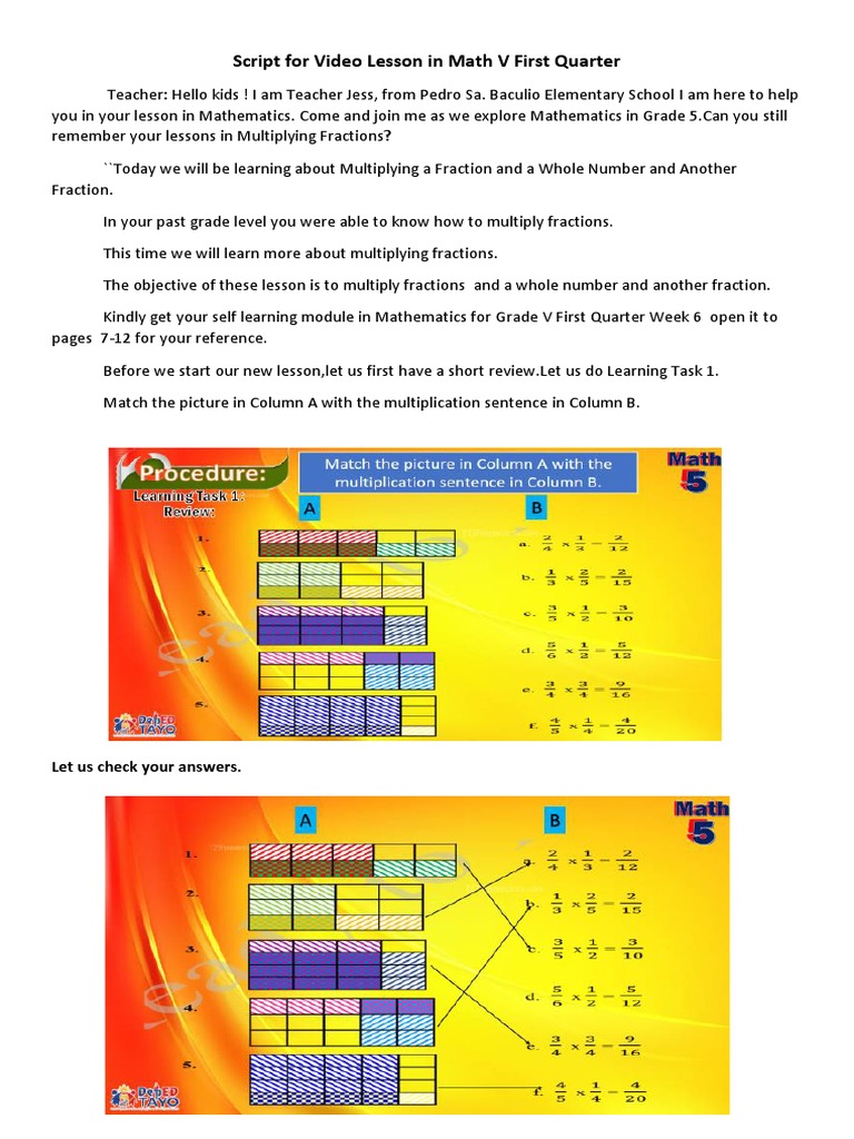 Script For Video Lesson in Math V First Quarter: Let Us Check Your ...