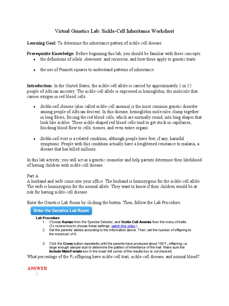 Virtual Genetics Lab: Sickle-Cell Inheritance Worksheet | PDF ...